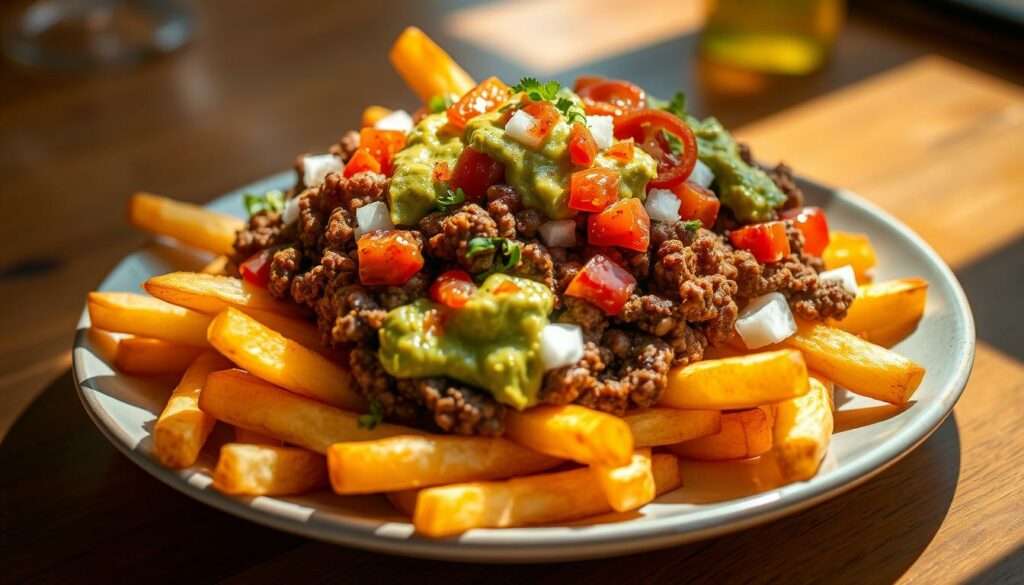 Vegane Loaded Fries mit Hack, Guacamole und Salsa